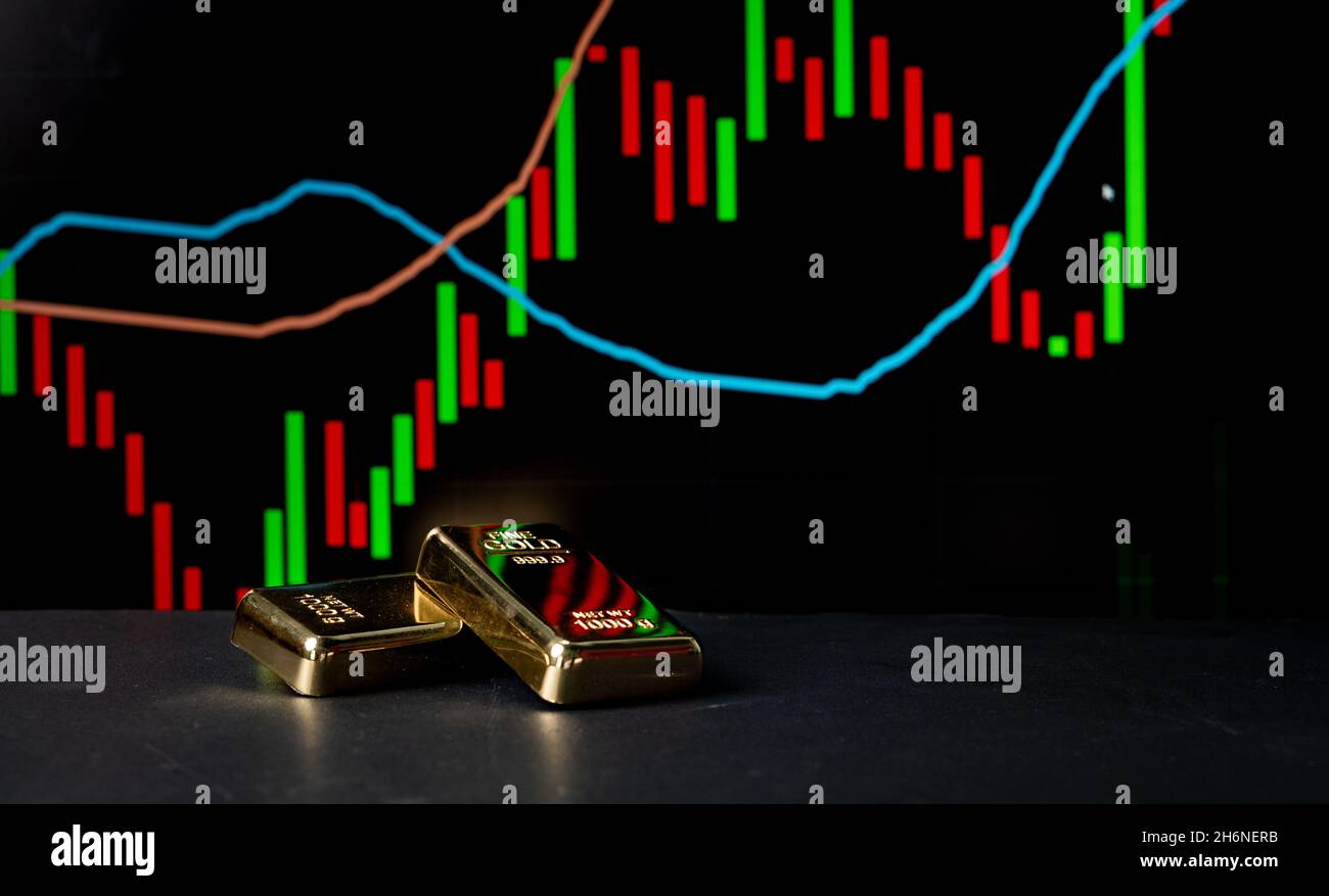 Selective focus on Gold Bars with up trend graph charts running in ...