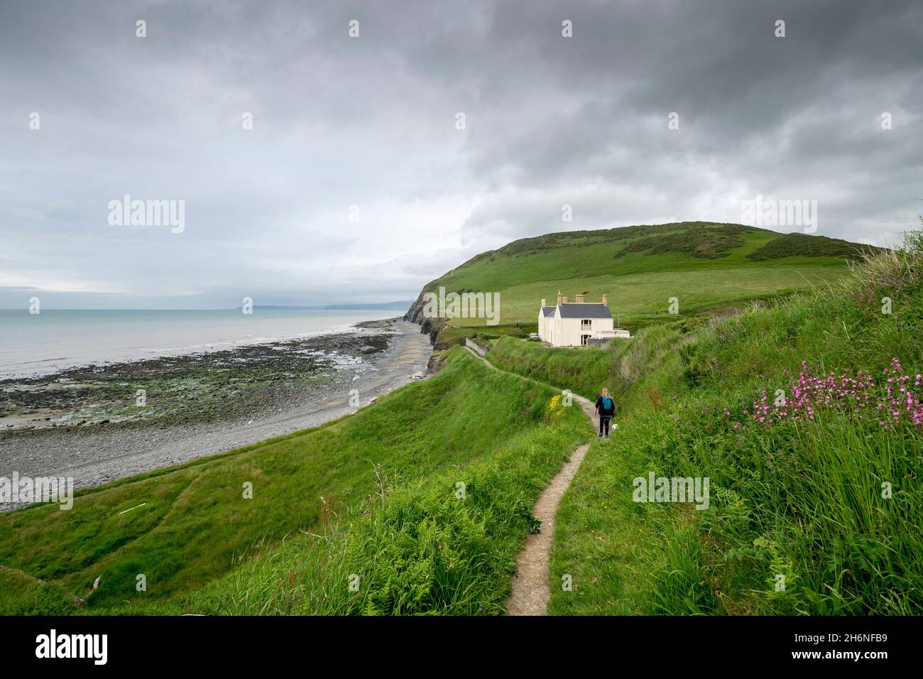 Sarn Gynfelyn shingle spit at Wallog on the coast of Cardigan bay near ...