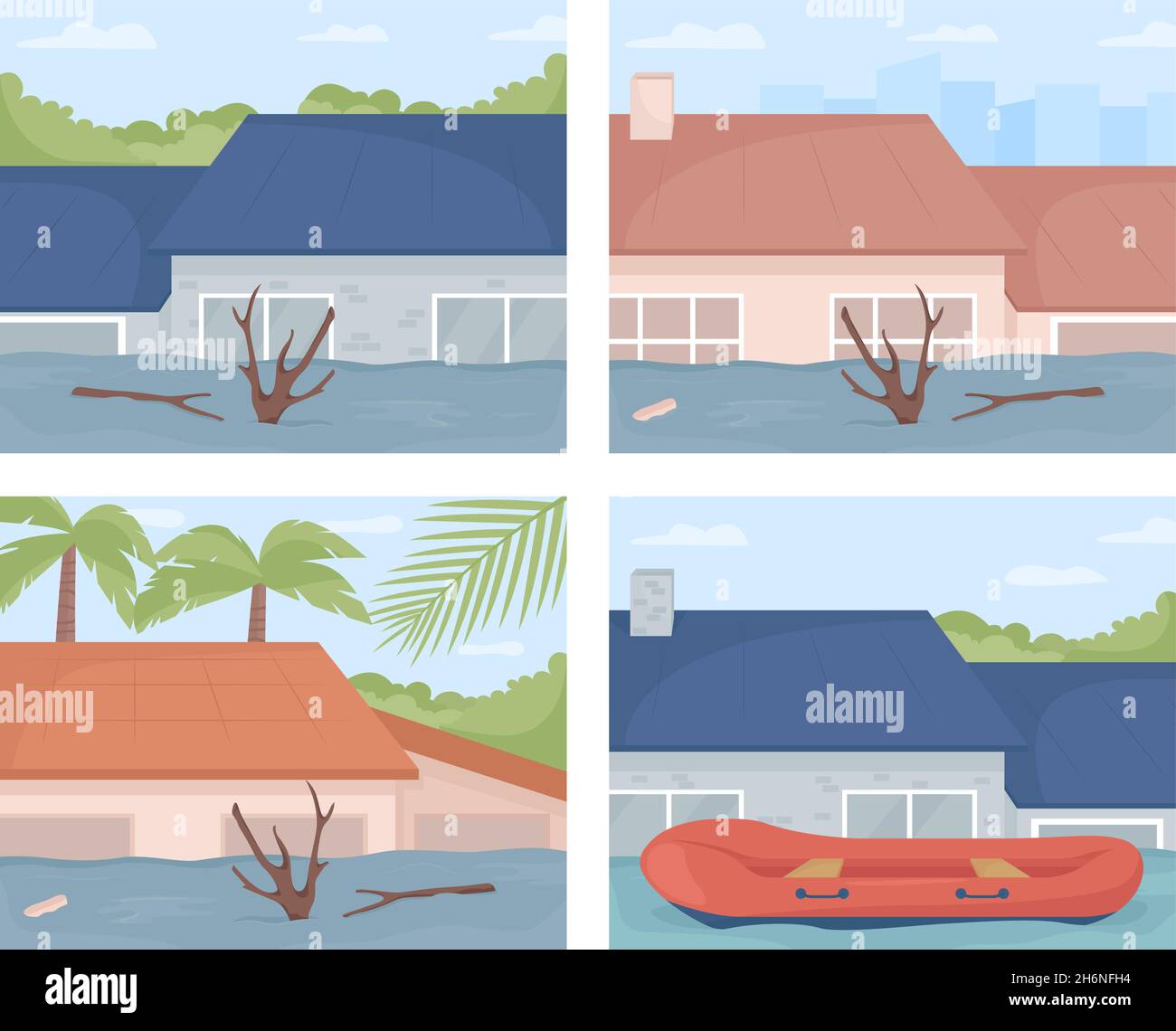 Flooding in urban areas flat color vector illustrations set Stock ...
