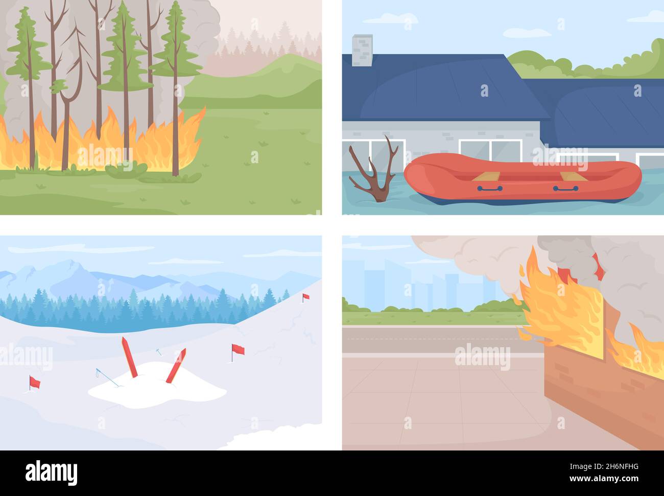 Environmental disasters flat color vector illustrations set Stock ...