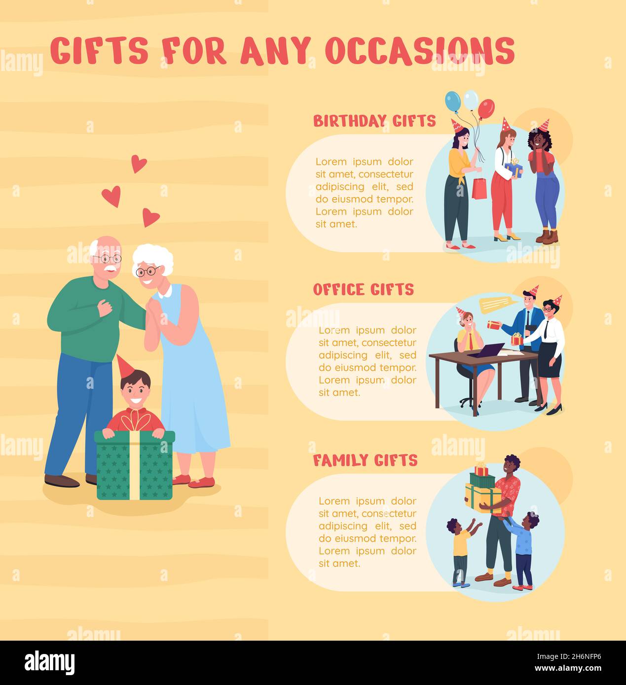 Gifts for any occasion flat color vector infographic template Stock ...