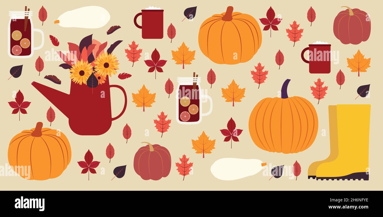 Fall season items background. Vector illustration in flat design Stock ...