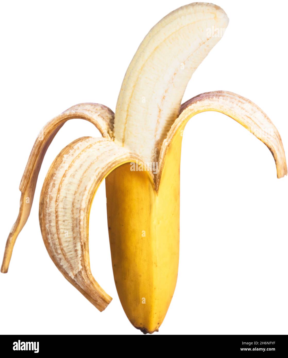 Vertical closeup shot of a half-opened banana isolated on a white ...