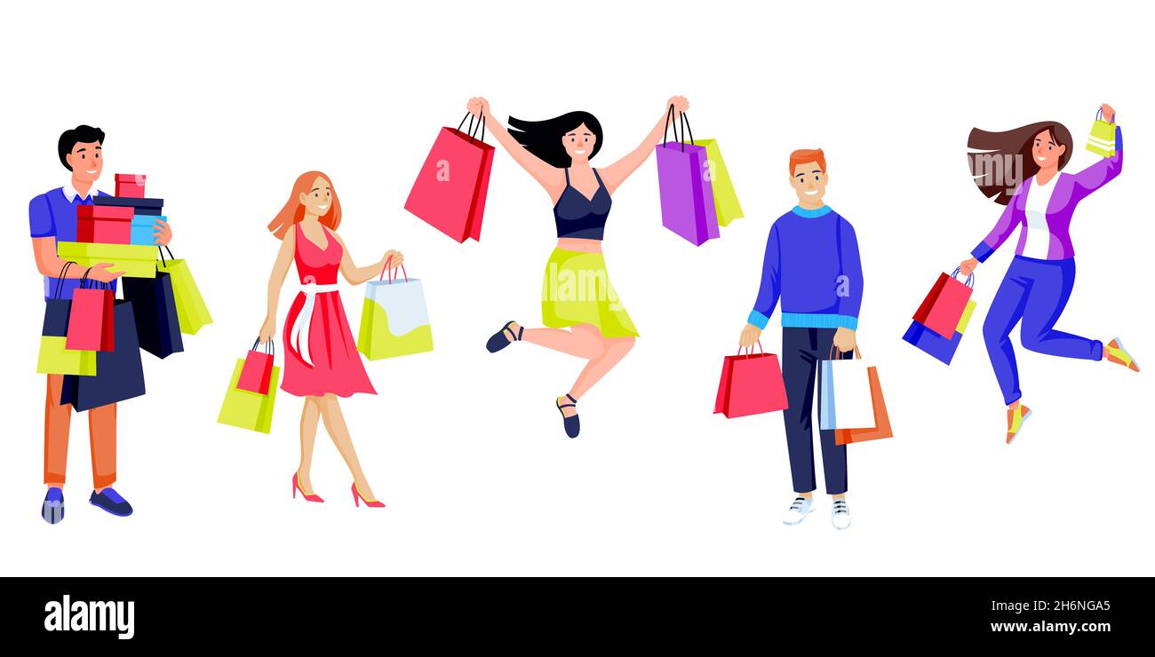 Men and women with shopping bags and boxes. Young happy jumping and ...