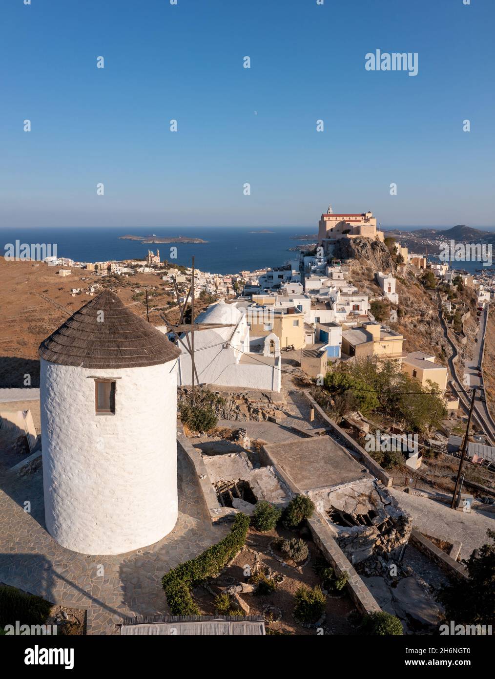 Windmill and Saint Georges church at Ano Syros, Syros Greek islands ...