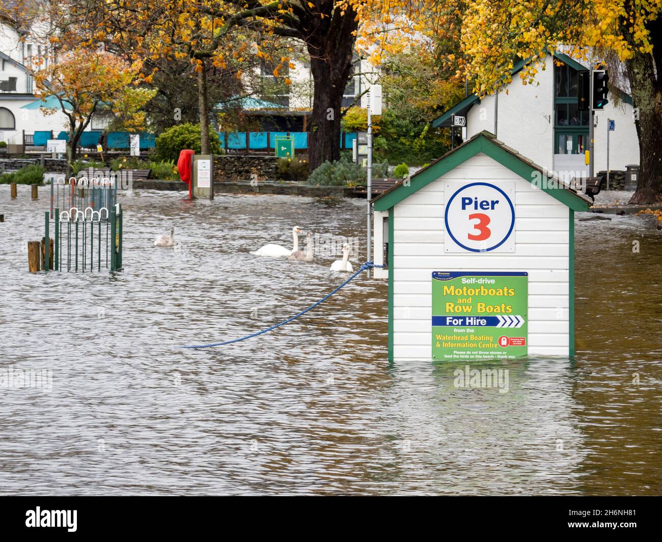 A flooded boat hire shack at Waterhead in Ambleside, Lake District, UK ...