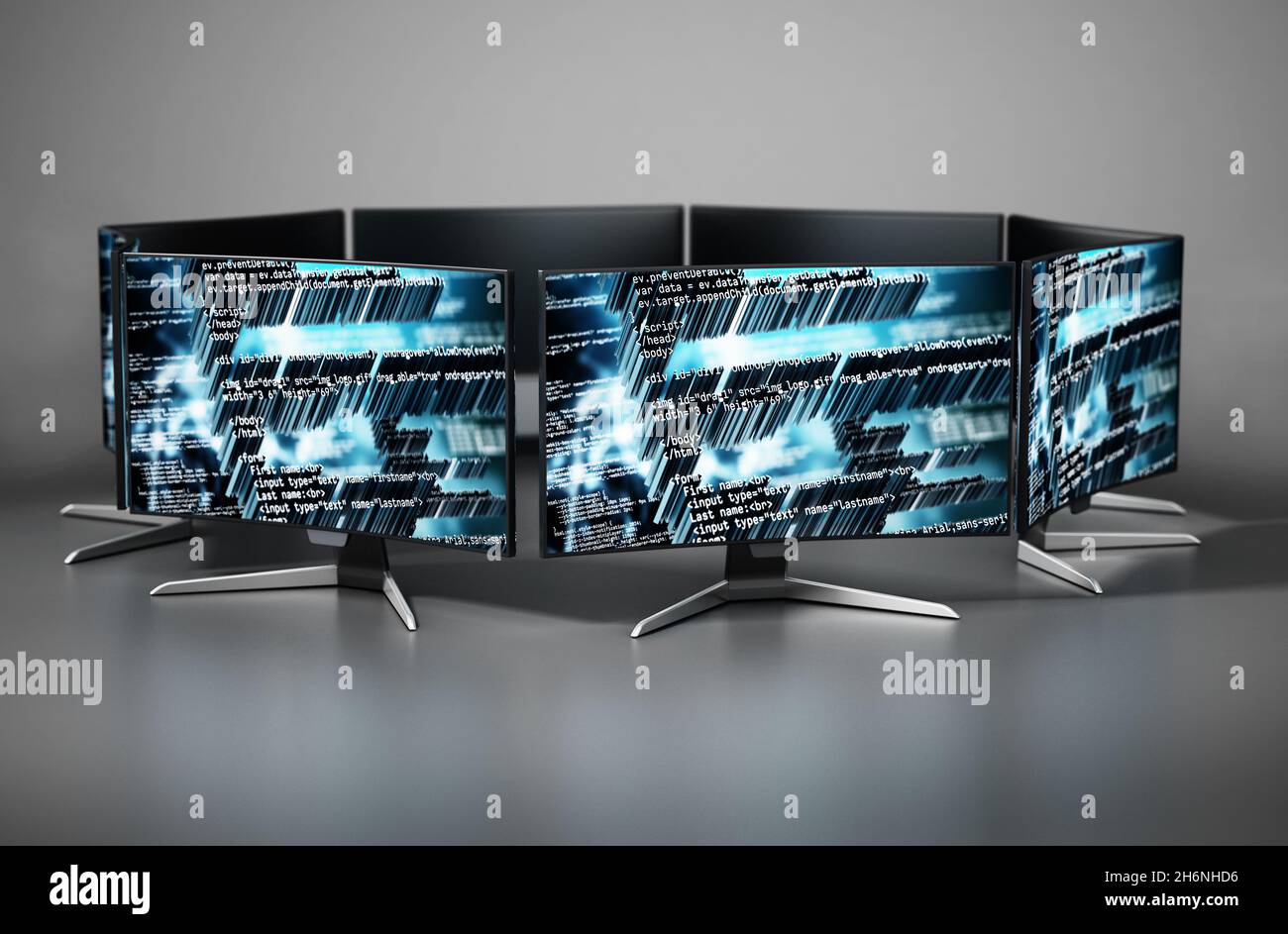 Generic monitors with code wallpapers. 3D illustration Stock Photo - Alamy