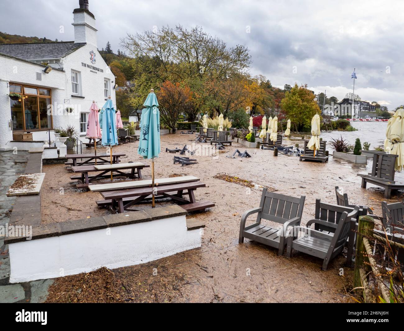 The beer garden of the Water Edge Inn in Ambleside, Lake District, UK ...