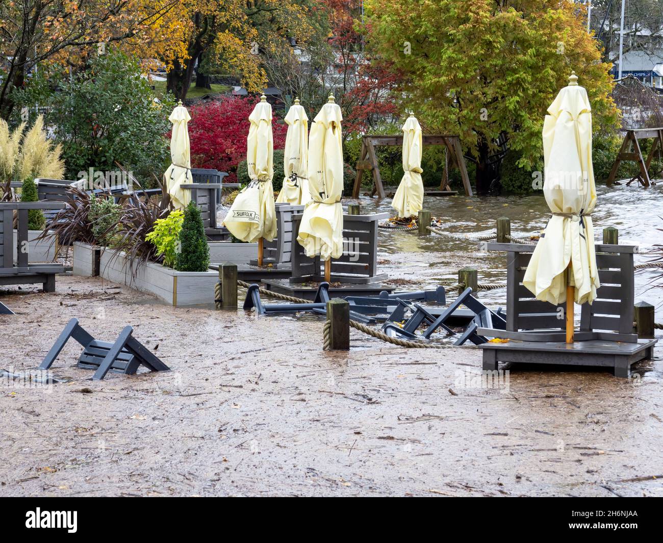 The beer garden of the Water Edge Inn in Ambleside, Lake District, UK ...
