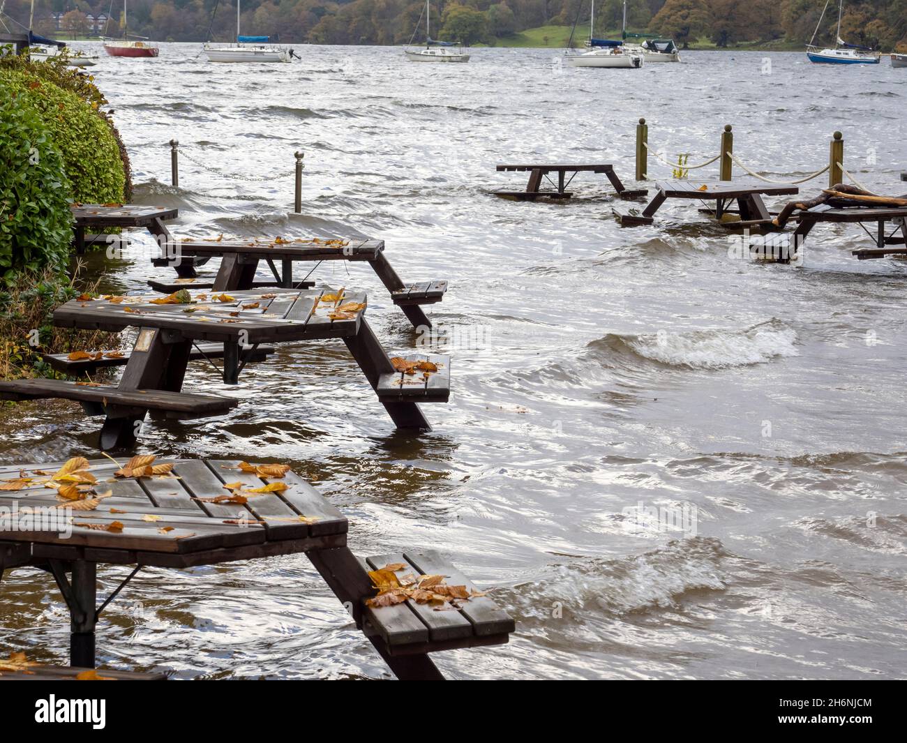 The beer garden of the Water Edge Inn in Ambleside, Lake District, UK ...