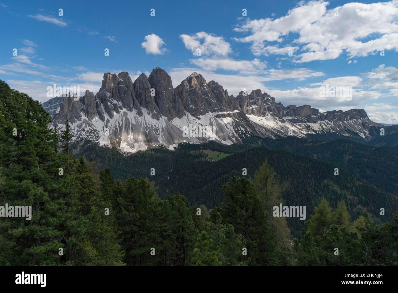 View of the Geisler Peaks, Geisler Group, Vilnoess Valley, South Tyrol ...