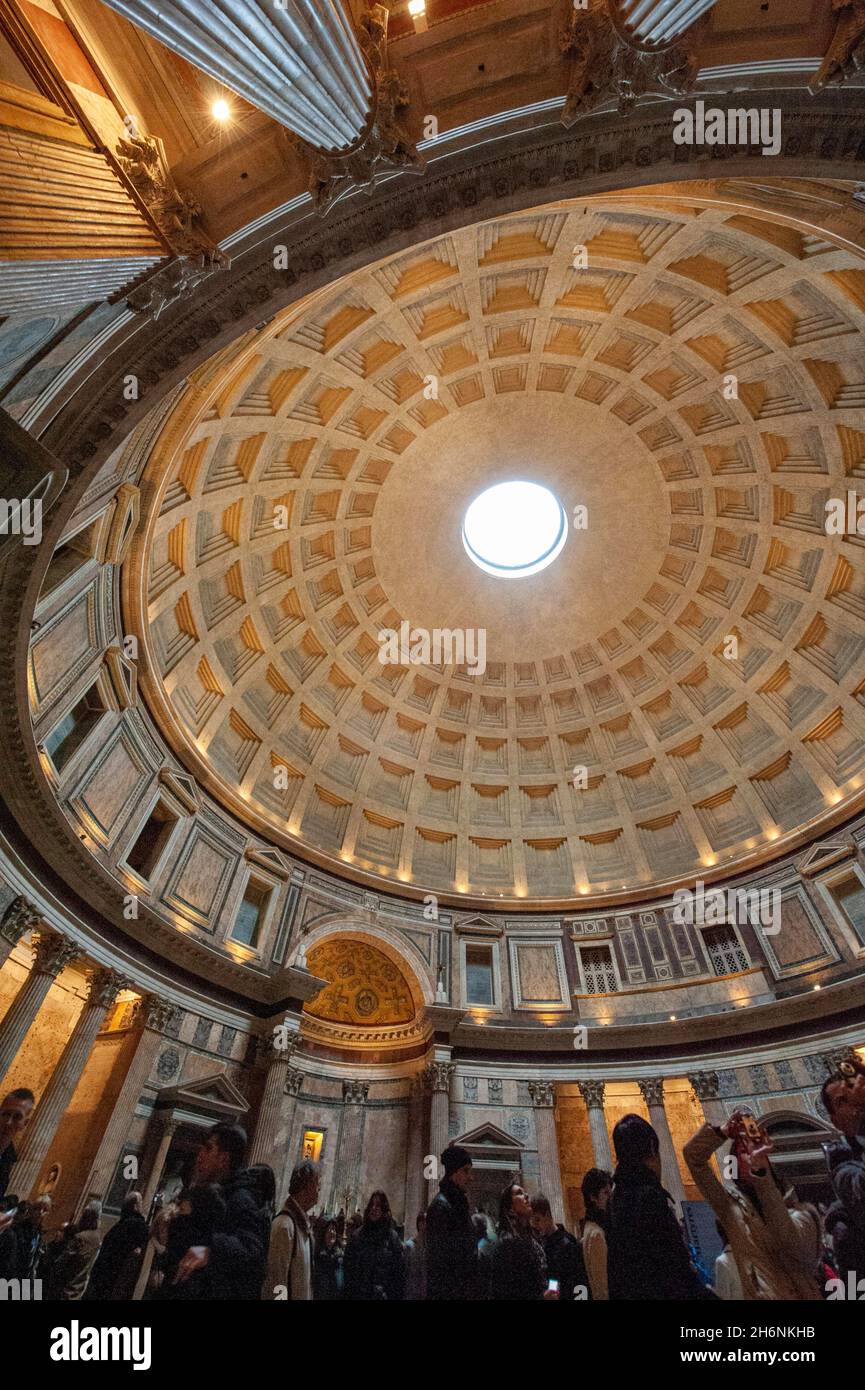 Interior of ancient Roman temple Pantheon with dome, coffered ceiling ...