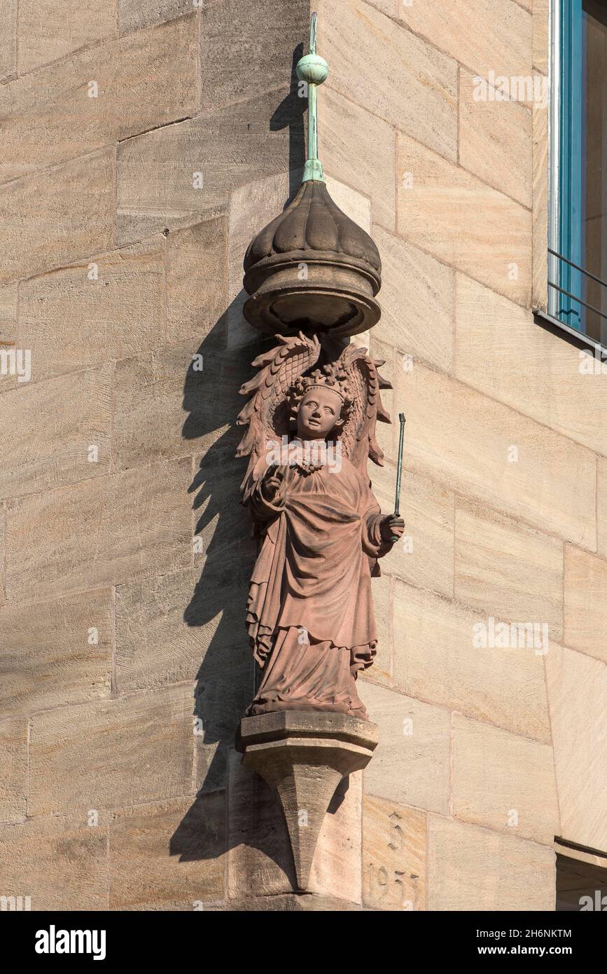 Angel figure on a corner house, Nuremberg, Middle Franconia, Bavaria ...