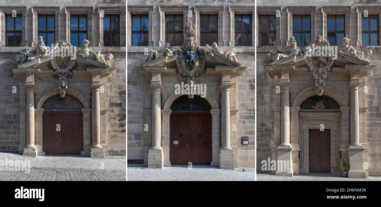 Three portals with coats of arms, on the left and right the city coat ...