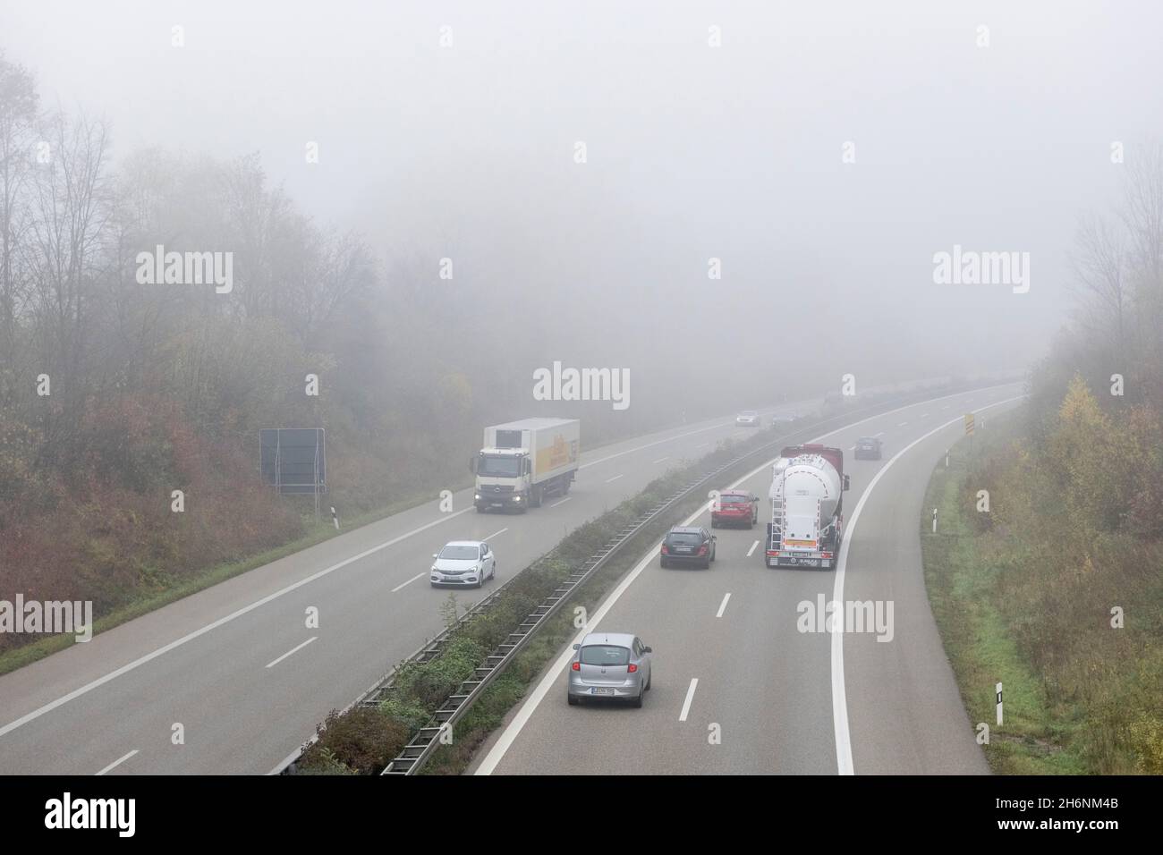 Thick fog on motorway in autumn, motorway, Baden-Wuerttemberg, Germany ...