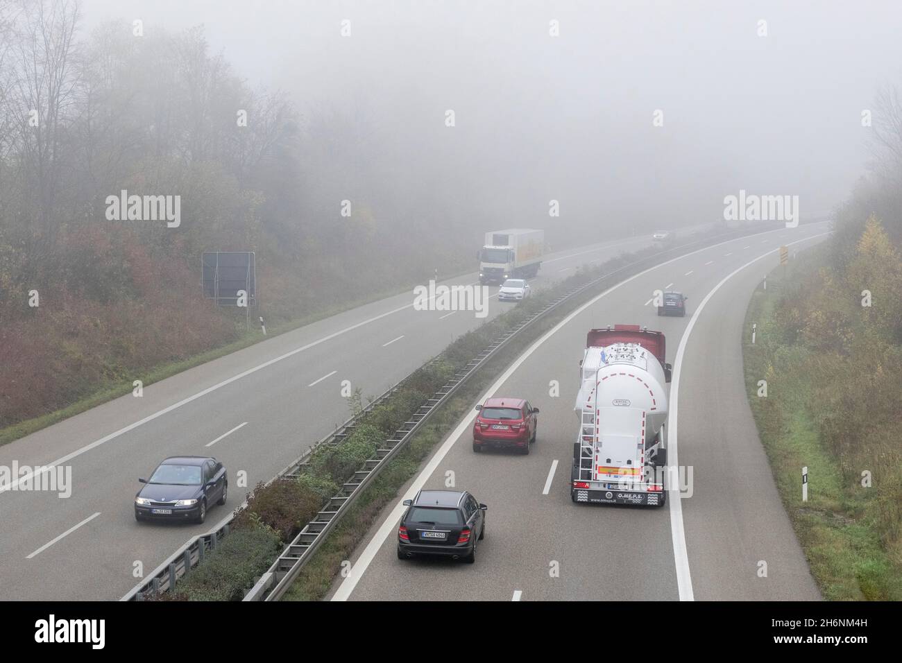 Thick fog on motorway in autumn, motorway, Baden-Wuerttemberg, Germany ...