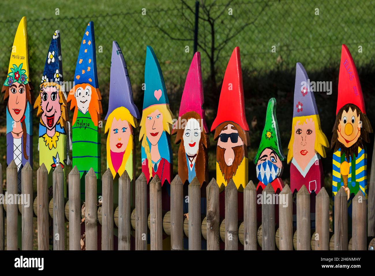 Kindergarten with dwarf figures at Hopfensee, Allgaeu, Bavaria, Germany ...