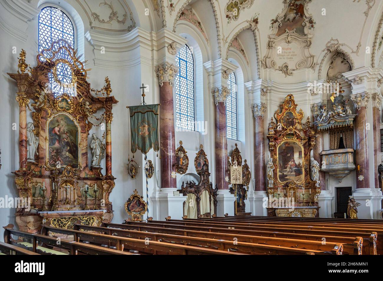 Side altars and pulpit, St. Andreas, Catholic parish church, Nesselwang ...