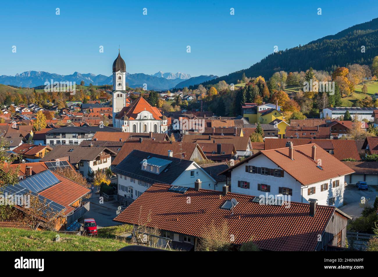 View of Nesselwang with St. Andreas, Catholic parish church, in the ...