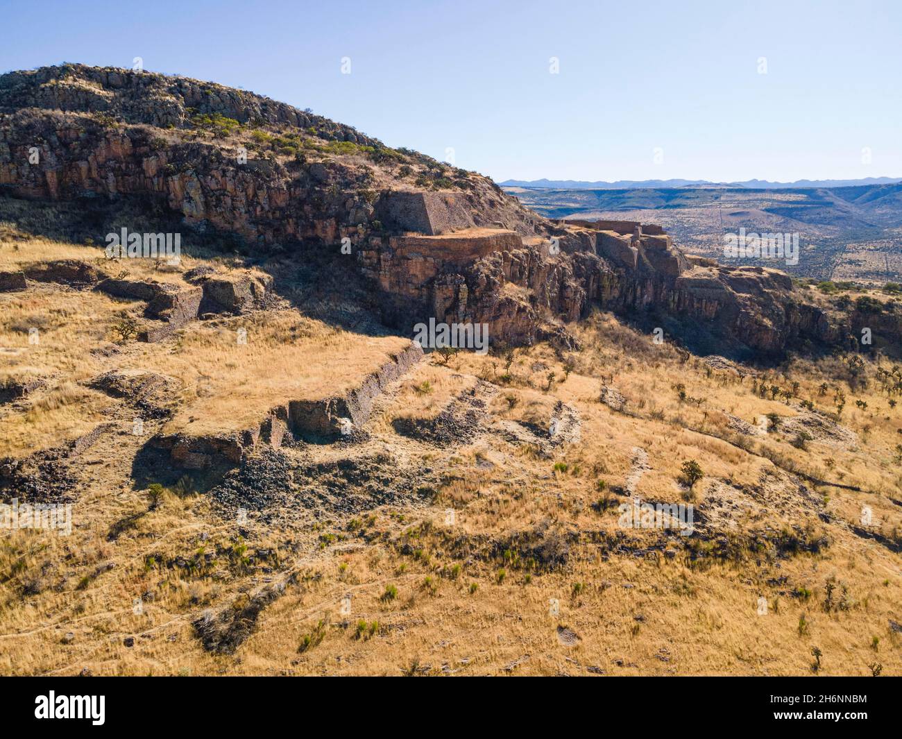 Aerial of the archeological site La Quemada also known as Chicomoztoc ...