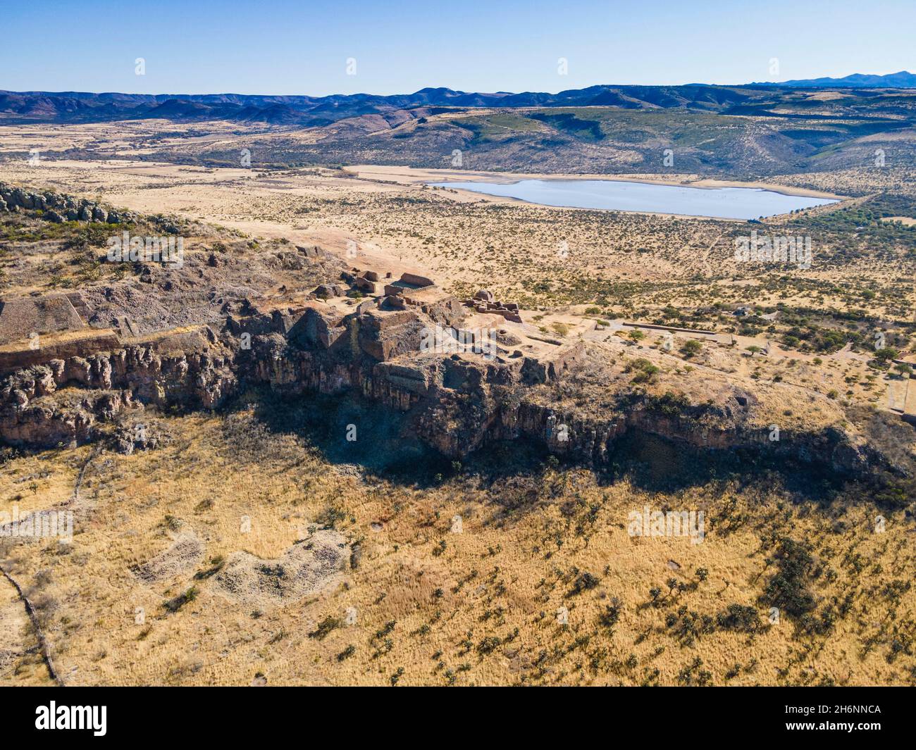 Aerial of the archeological site La Quemada also known as Chicomoztoc ...