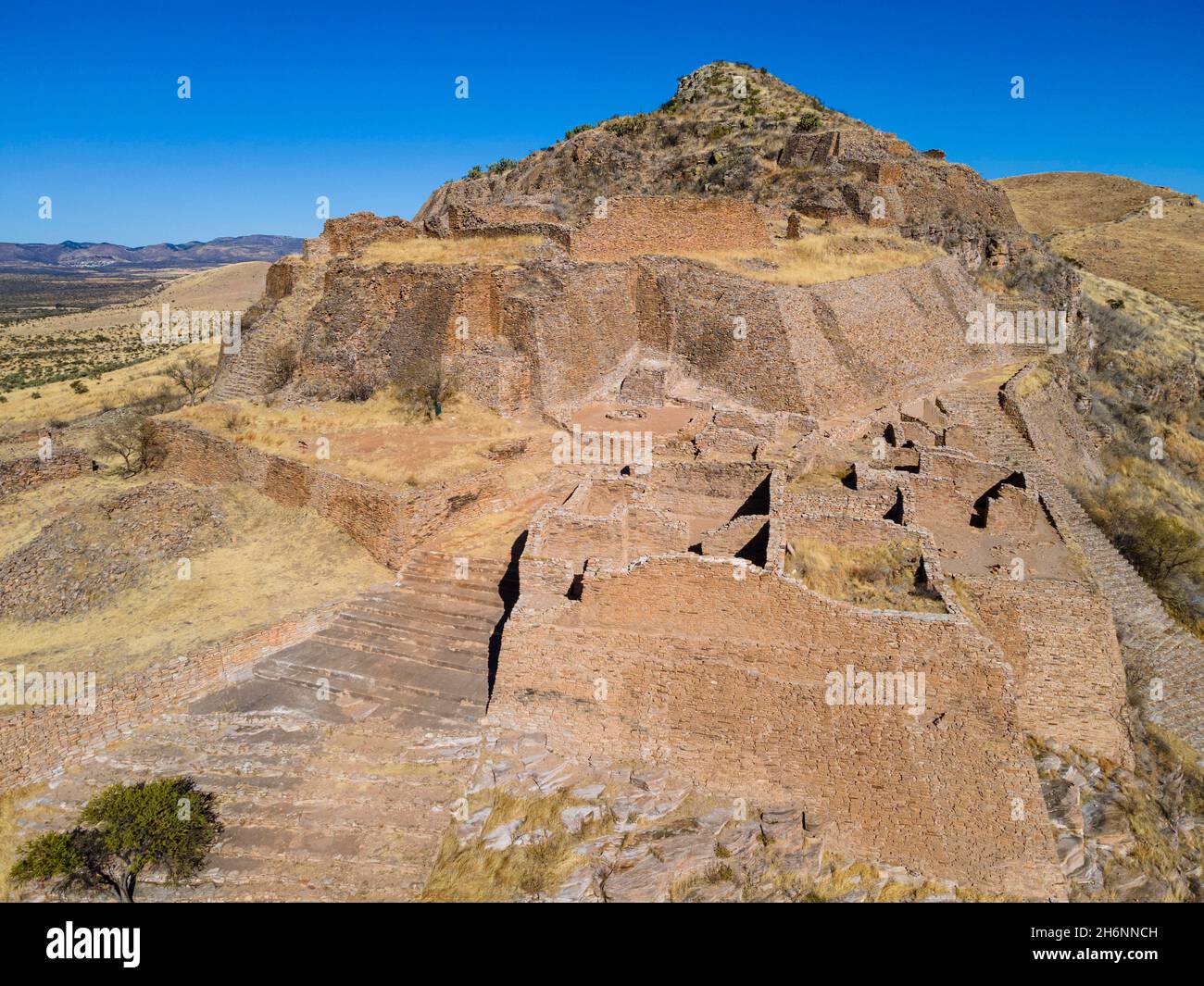 Aerial of the archeological site La Quemada also known as Chicomoztoc ...