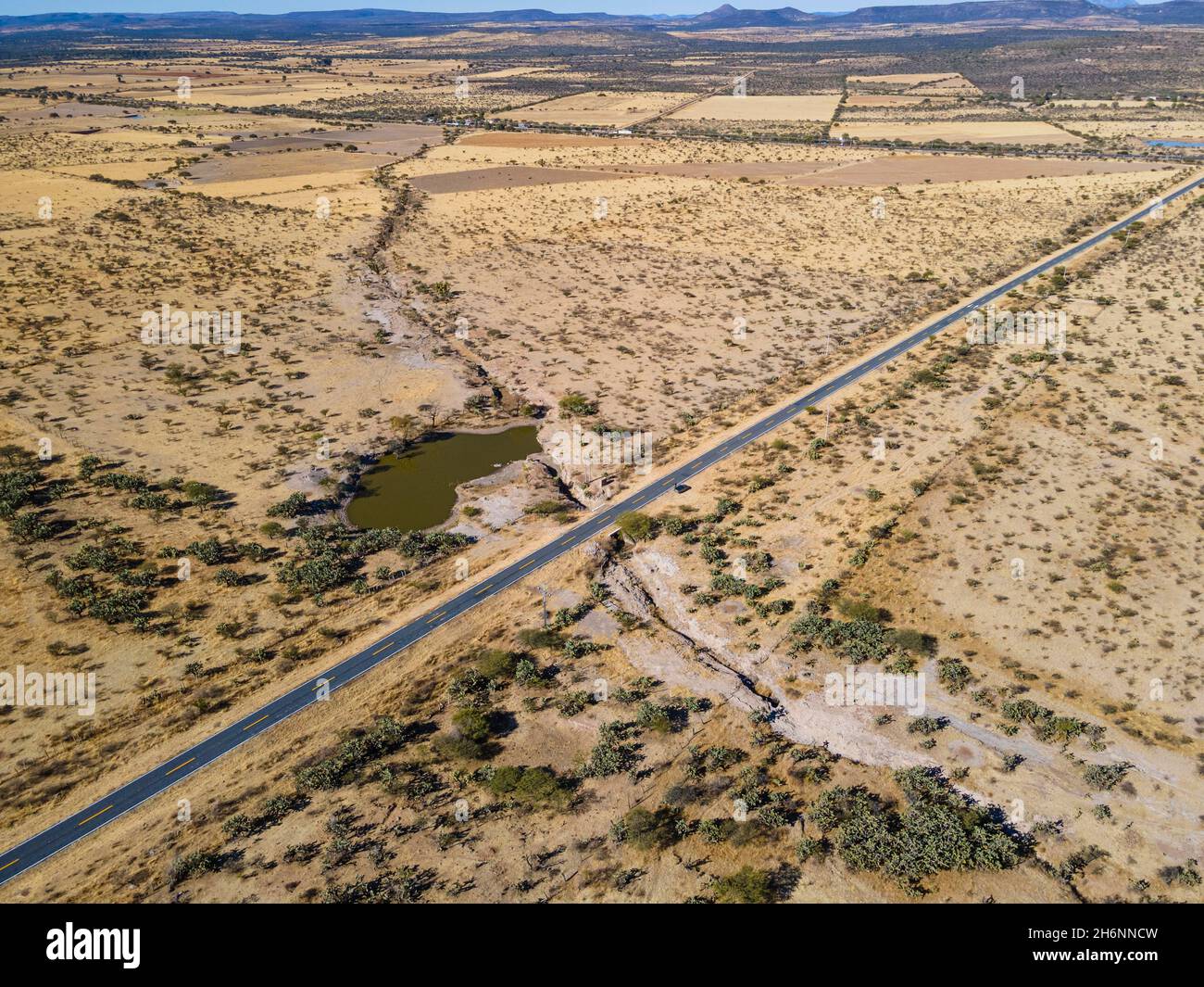 Aerial of the desert at the archeological site La Quemada also known as ...