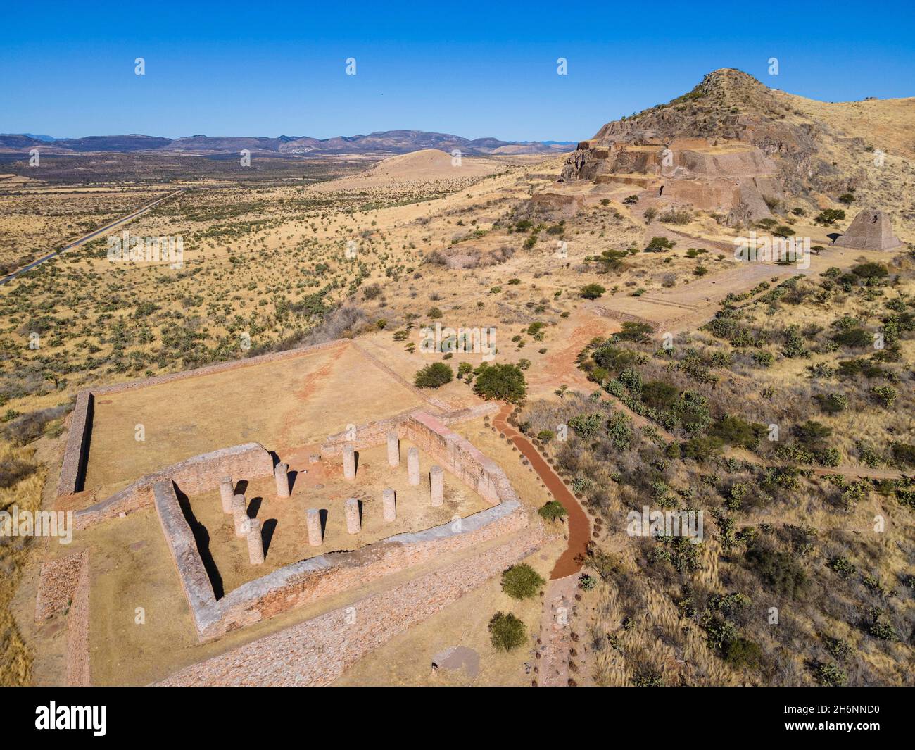 Aerial of the archeological site La Quemada also known as Chicomoztoc ...
