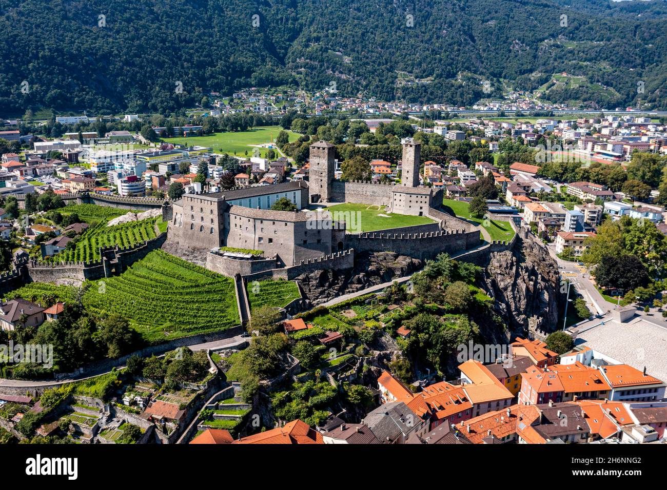 Aerial of the Castlegrande, Unesco site three castles of Bellinzona ...