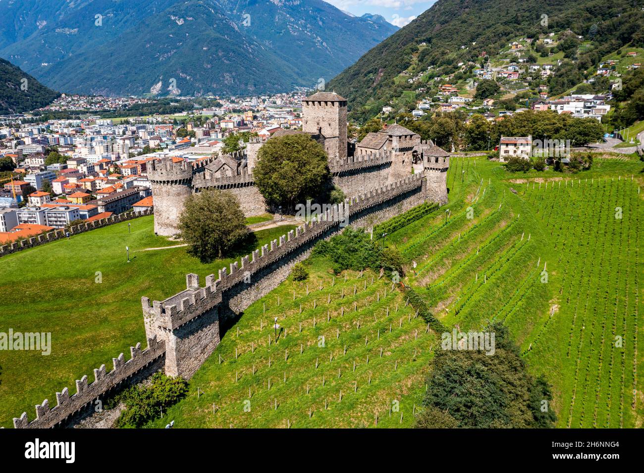 Aerial of Montebello castle, Unesco site three castles of Bellinzona ...