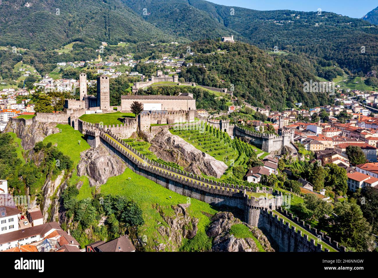 Aerial of the Castlegrande, Unesco site three castles of Bellinzona ...