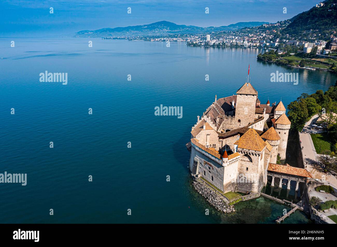 Aerial of the Chillon Castle, Lake Geneva, Switzerland Stock Photo - Alamy