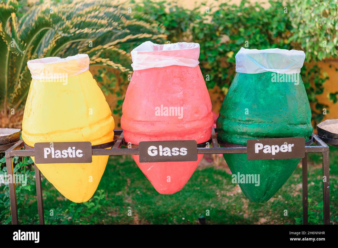 three bins for recycling. sorting debris - plastic, glass and paper ...