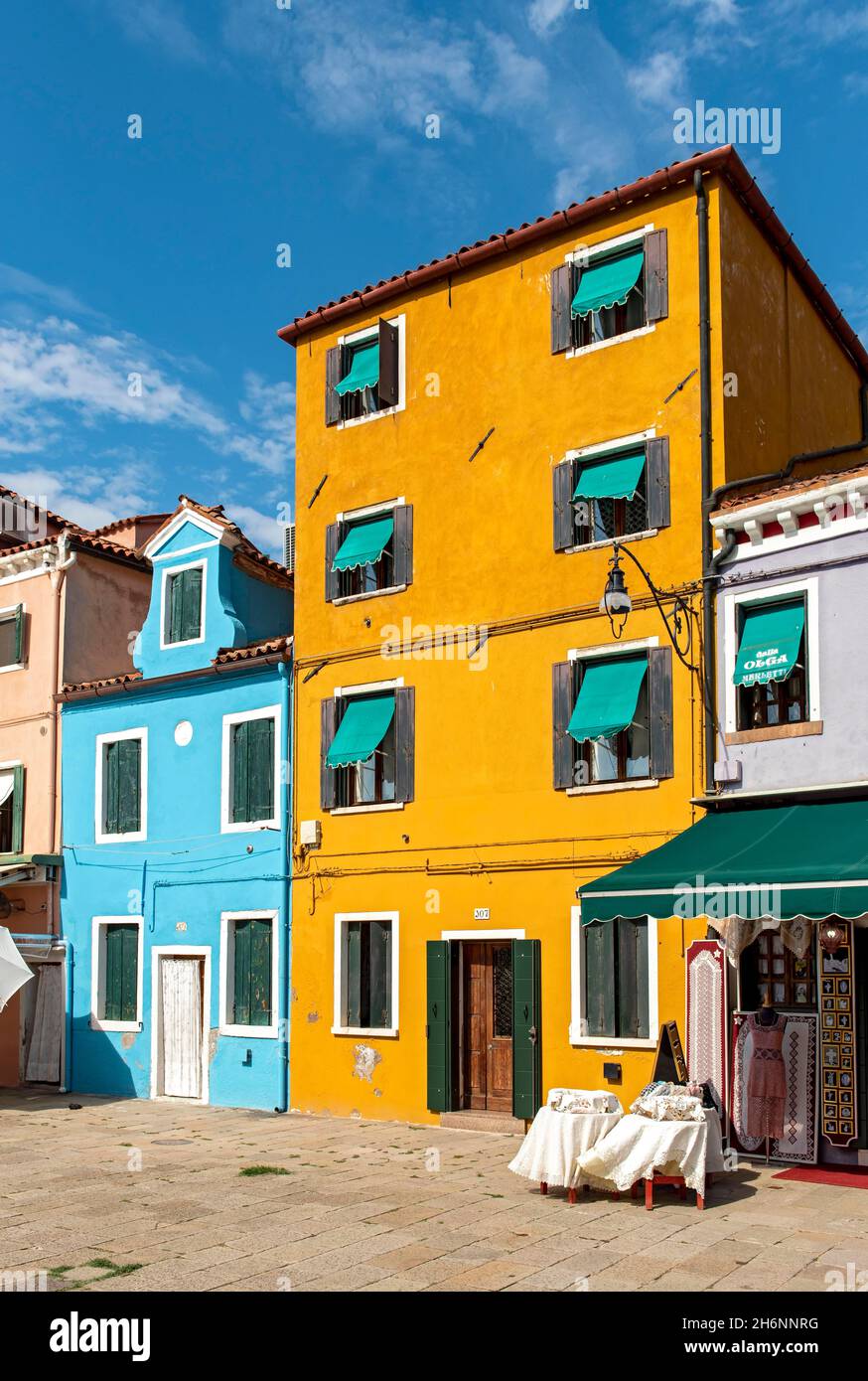 Houses with yellow and blue facades, Burano, Venice, Italy Stock Photo ...