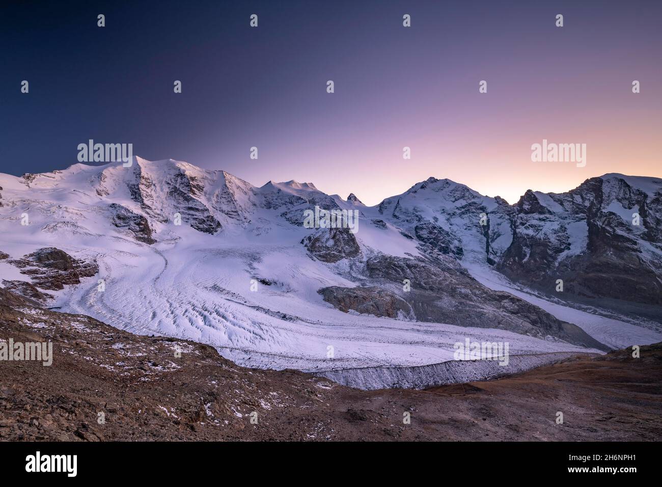 Mountain panorama on the Diavolezza, view of the Bernina Group, Piz ...