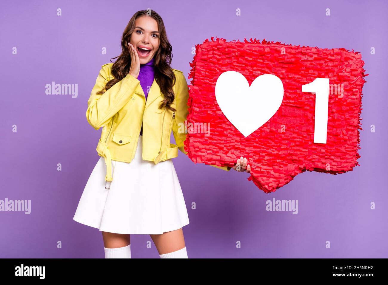Photo of young excited lady shock hand touch cheek like heart icon ...