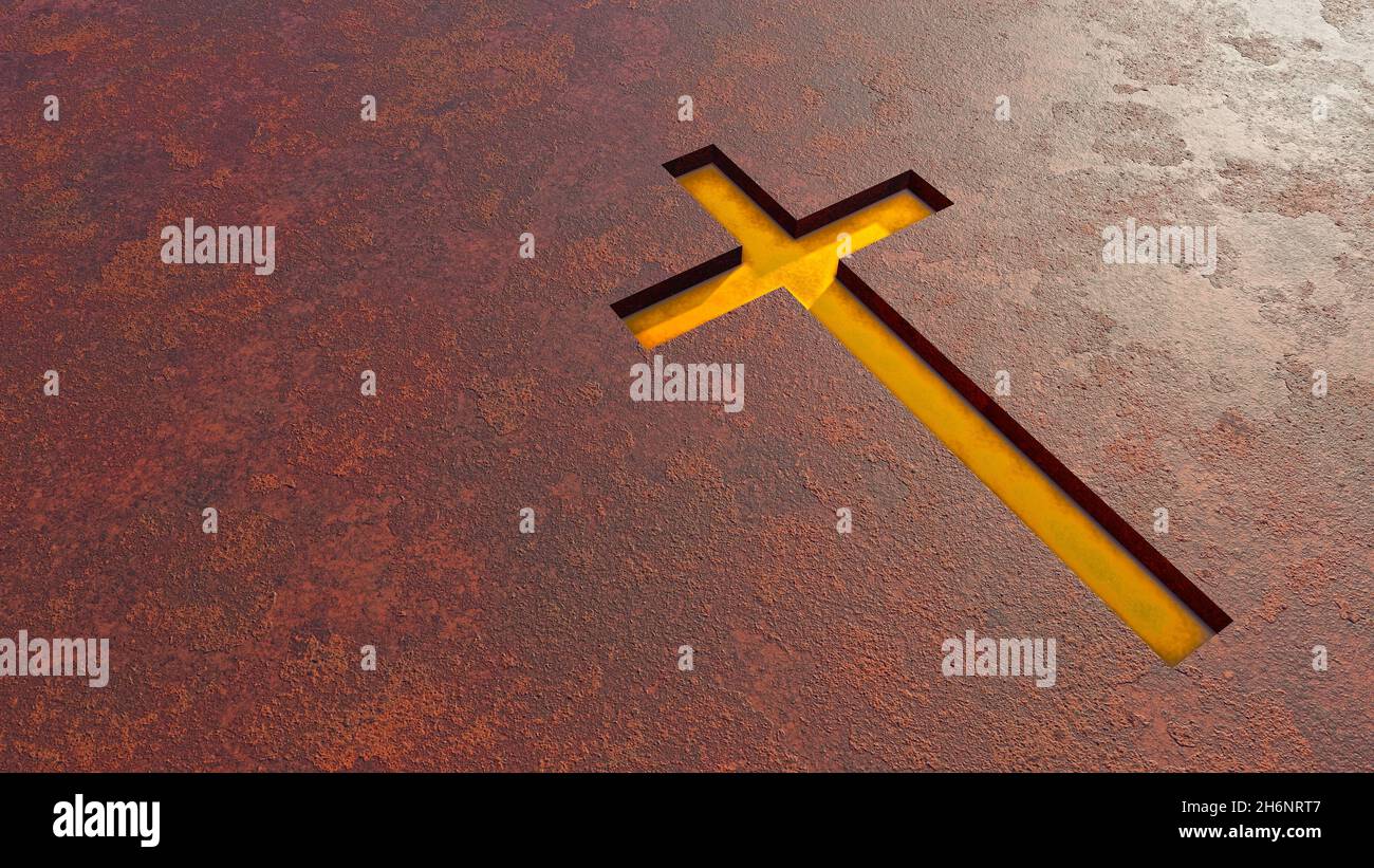 Concept or conceptual golden cross on a rusted corroded metal or steel ...