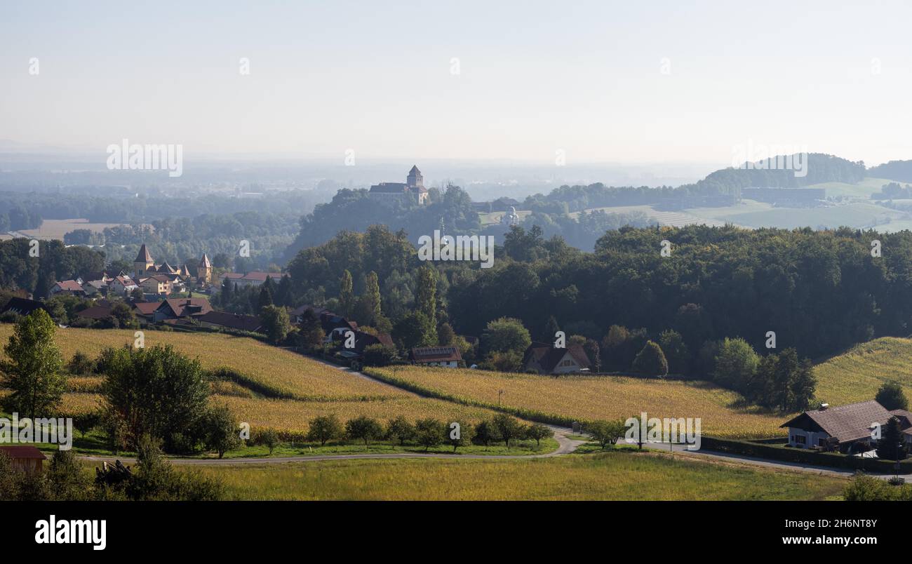 View from the Weinleiten water tower of the municipality of Ehrenhausen ...