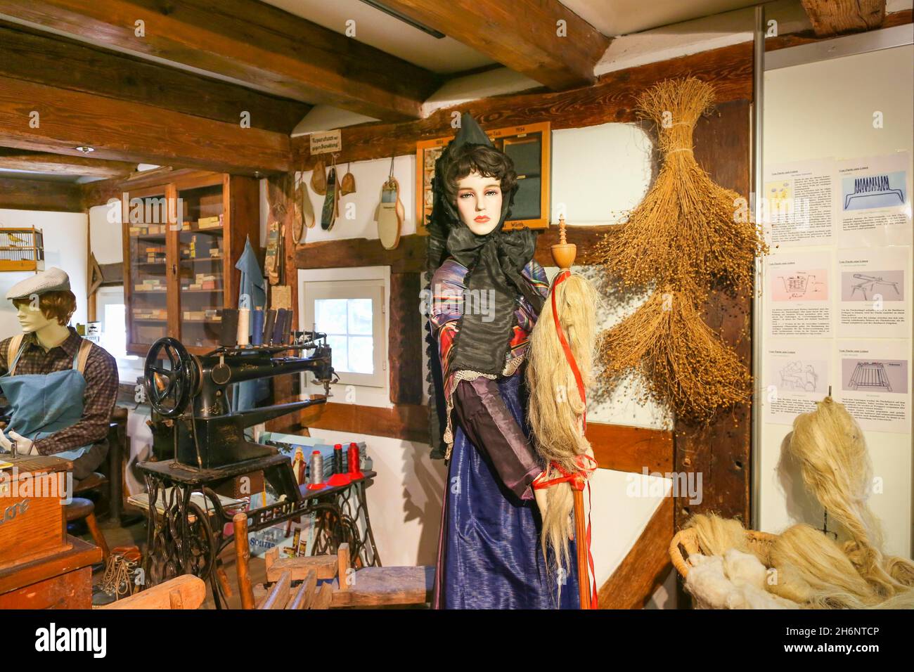 Spinning, mannequin with flax, Museum in der Klostermuehle, Ulm ...