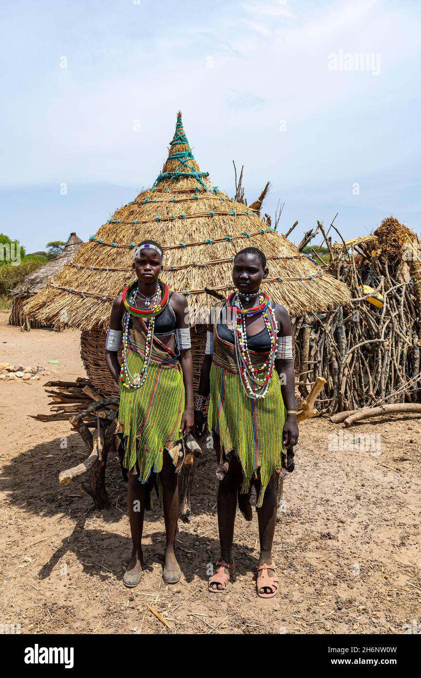 Traditional dressed girls from the Toposa tribe, Eastern Equatoria ...