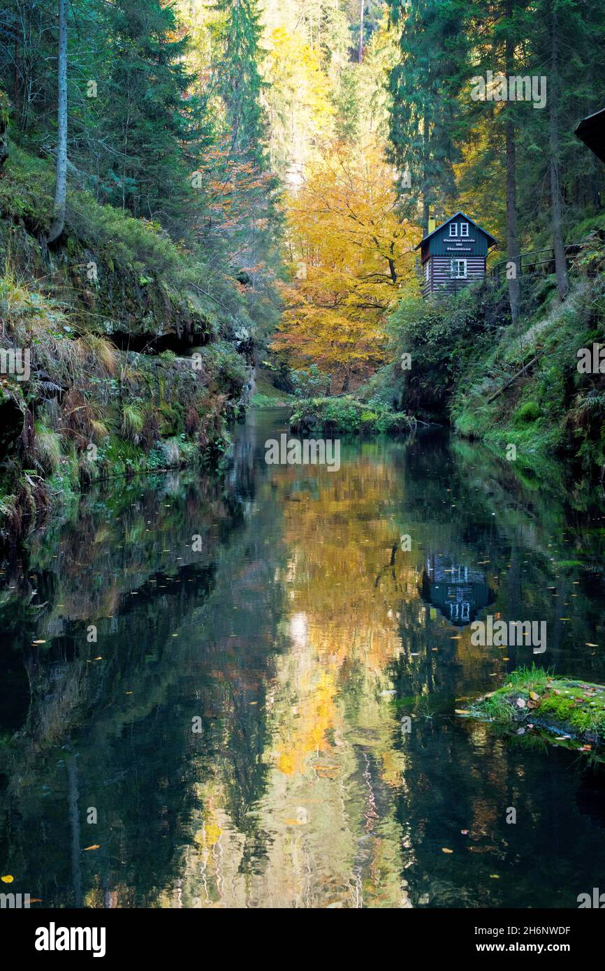 Autumn in the Edmundsklamm gorge with the river Kamenice (German ...