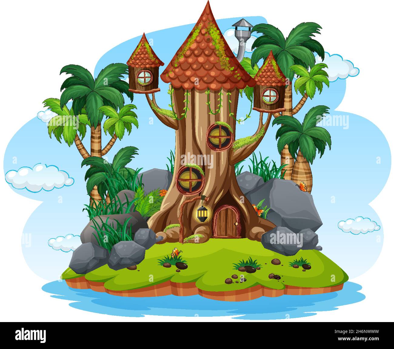 Fantasy tree house inside tree trunk illustration Stock Vector Image ...