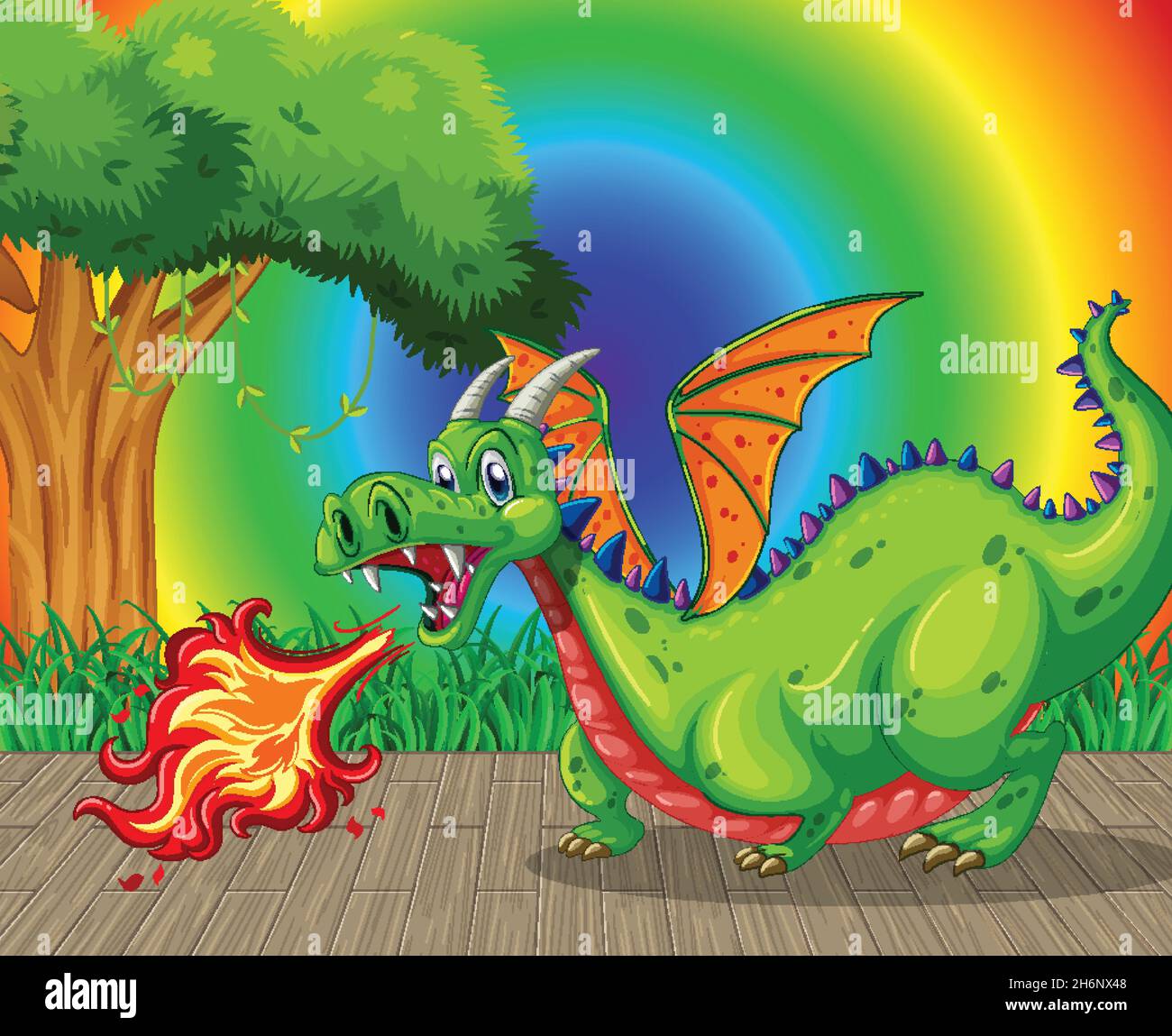 Dragon spitting fire cartoon character on rainbow gradient background ...