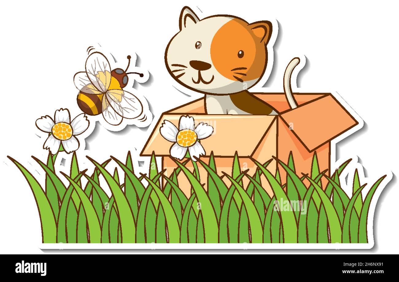 Little cat sitting in a box sticker illustration Stock Vector Image ...
