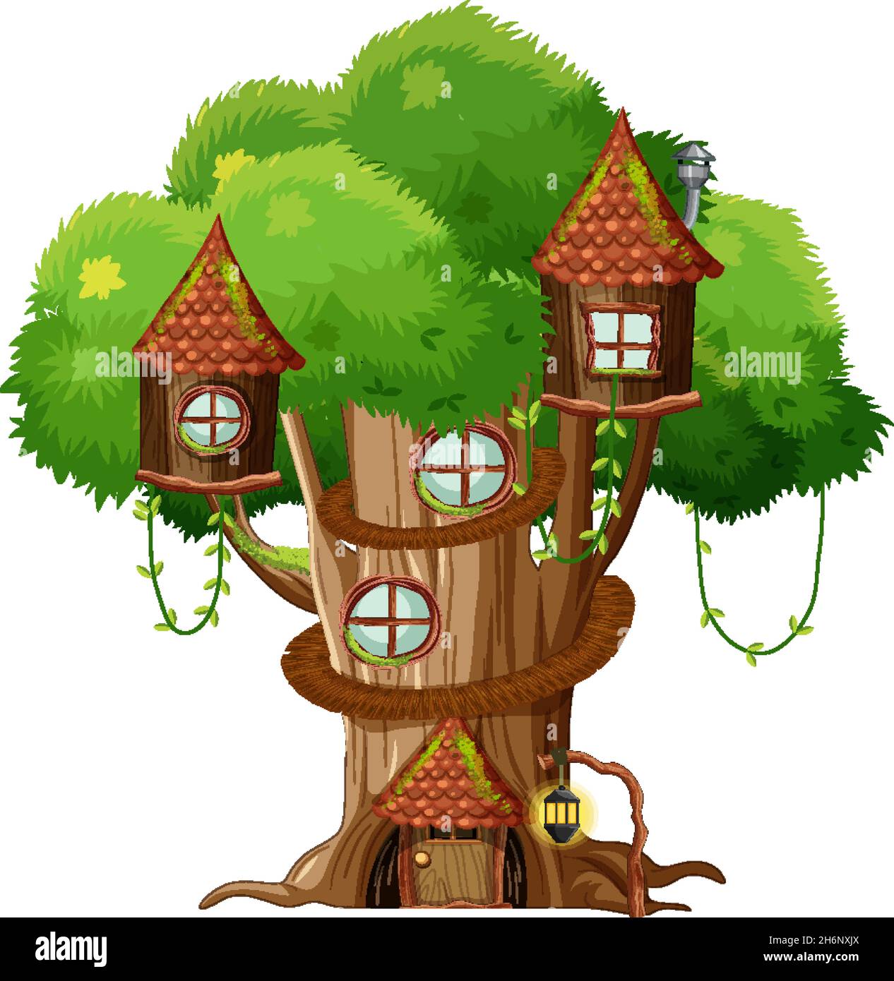 Fantasy tree house inside tree trunk on white background illustration ...