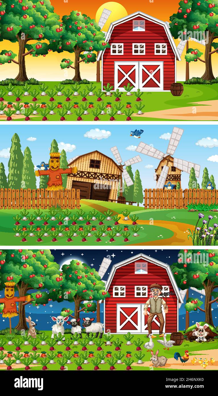 Different farm scenes with old farmer and animal cartoon character ...