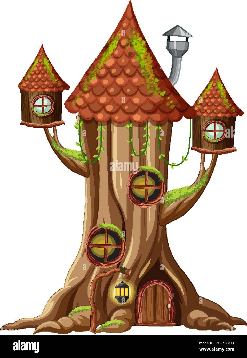 Fantasy tree house inside tree trunk illustration Stock Vector Image ...