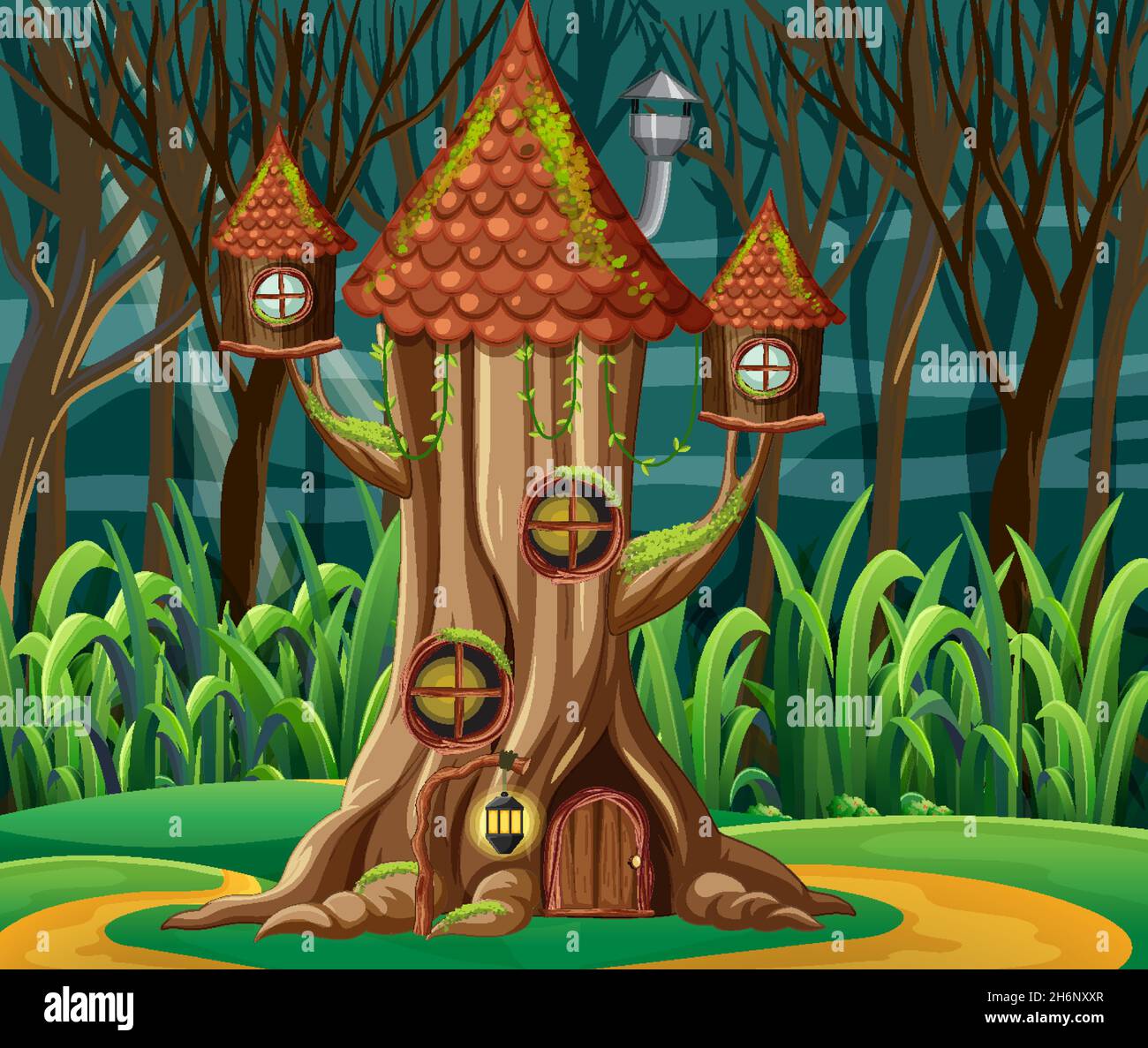 Fantasy tree house in the forest illustration Stock Vector Image & Art ...