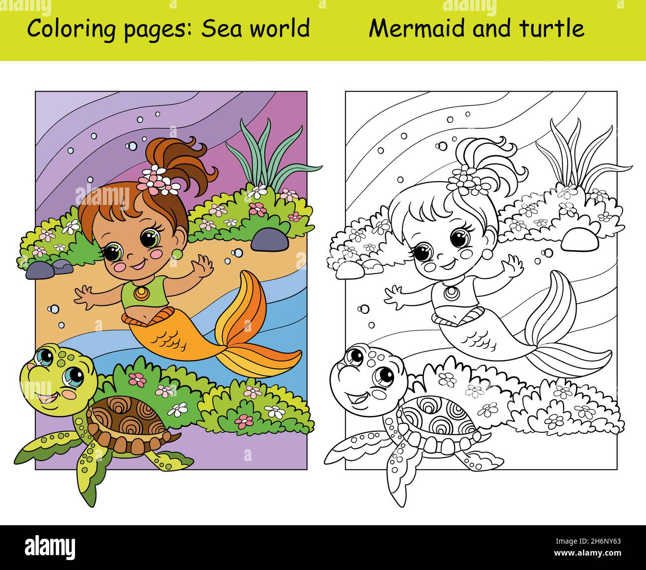 Cute baby mermaid swims with a turtle. Coloring book page for children ...