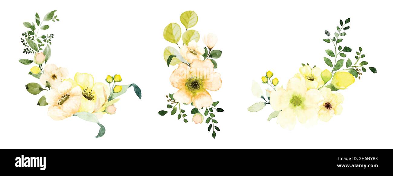 Watercolor flower and leaves bouquets set. Botanic composition ...